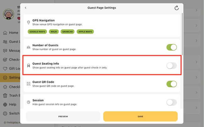 How to display guest seating information on the guest page? | Thebigdays
