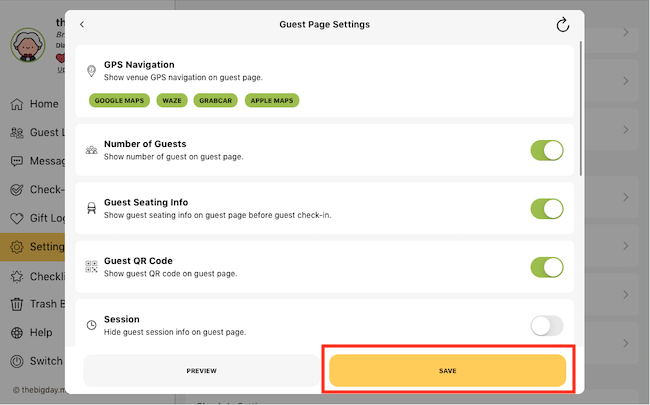 How to display guest seating information on the guest page? | Thebigdays